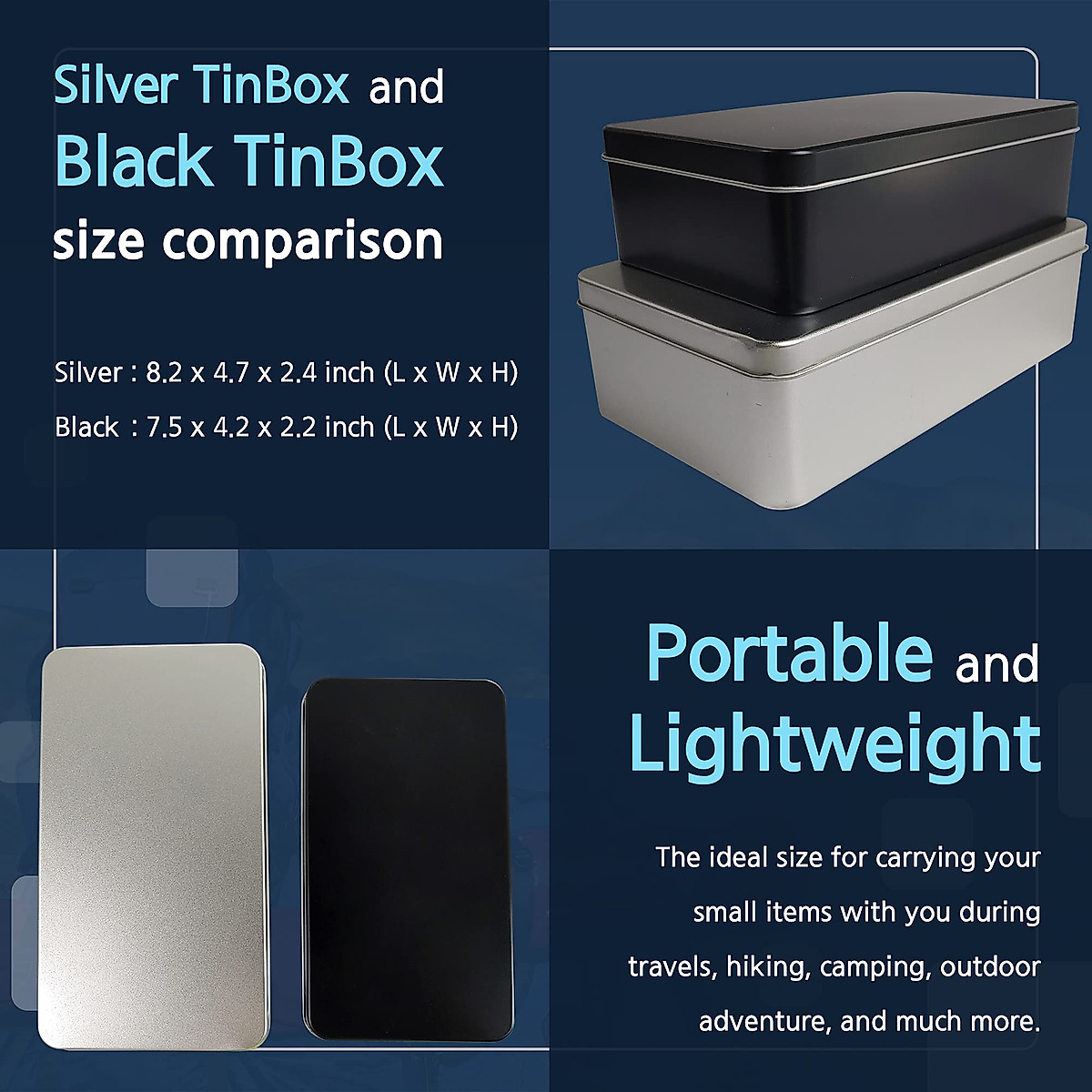 WEANOS Black Metal Tin Box Lids - Large Containers, Holder for Keeping Car Keys, Cookie, Pencil Case, 7.5 x 4.2 x 2.2 inch