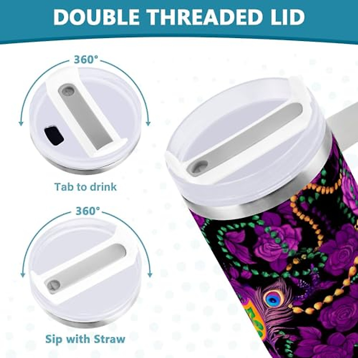 RPLIFE Floral Purple 40oz Tumbler with Handle, Stainless Steel Coffee Mug, Insulated Cups with Lids