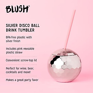 Blush Silver Disco Ball Cup with Straws for Parties - 16 Ounce Cute Sparkly Glitter Cocktail Disco Ball Drink Tumbler, Party Supplies