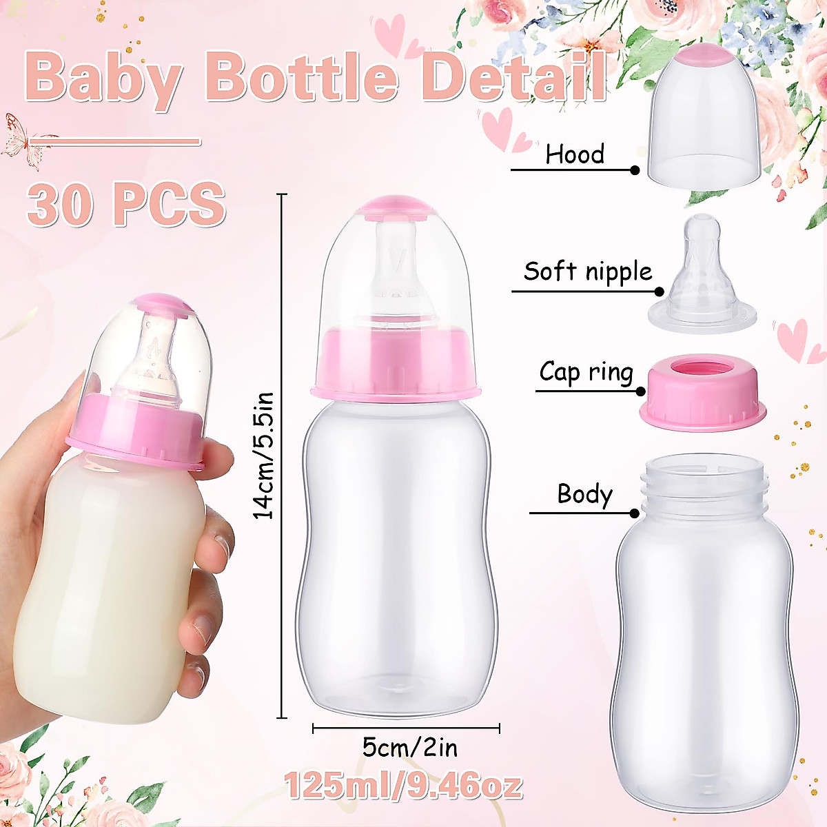 SiliFine 30 Pcs Baby Shower Favors Party Game Mini Baby Bottles Gift Sets for Baby Shower Boy Girl Gender Reveal Birthday Party Supplies Gift (Pink)