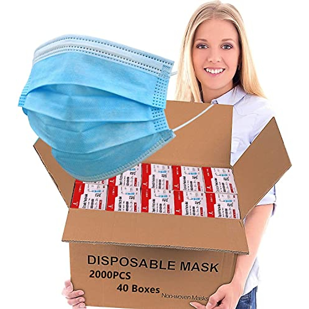 2000 PCS Bulk Blue Face Masks (40 Packs, 50pcs/Pack), Non Woven Thick 3-Layers Breathable Facial Masks with Adjustable Earloop, Mouth and Nose Cover