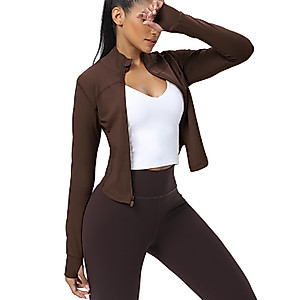 AVGO Women&#039;s Cropped Running Workout Jackets Zip Slim Fit Athletic Tops with Thumb Holes(Roasted Brown, M)
