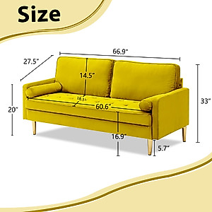 Hdxdkog Velvet Loveseat Sofa, 66.9'' Mid Century Modern Small Love Seats with 2 Pillows & Golden Legs Comfy Couch for Living Room, Upholstered 2 Seater Sofa for Small Apartment (Yellow)