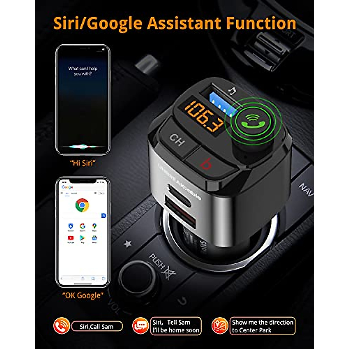 UNBREAKcable Bluetooth FM Transmitter for Car, Support QC3.0, 20W Wireless Bluetooth Radio Car Adapter Receiver MP3 Audio Music Player FM Transmitters, Type C PD20W Handsfree Call Car Charger