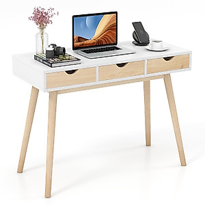Tangkula Mid Century Desk with 3 Drawers, Home Office Writing Desk, Wooden Laptop Study Desk with Solid Rubber Wood Legs, Computer Workstation, Makeup Vanity Desk for Bedroom