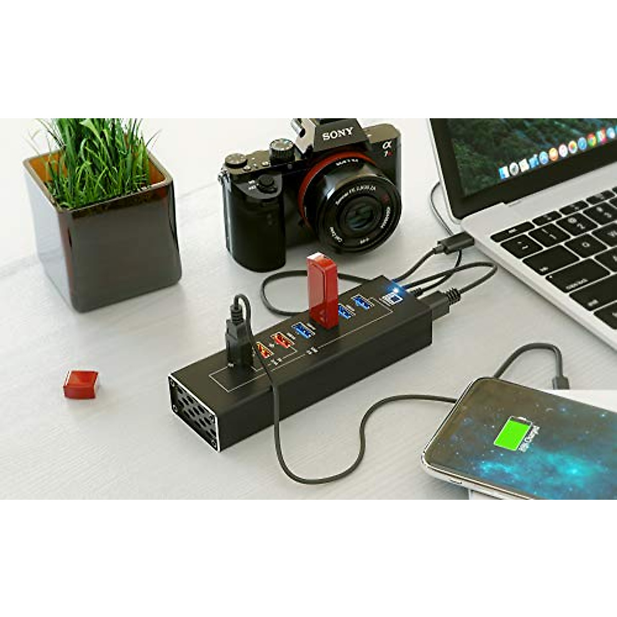 LATORICE Powered USB Hub - Multi-Port USB Hub with 7 USB 3.0 Ports, 3 Fast Charging USB 3 0 Ports, with Cords C and A, Power USB HUB Adapter