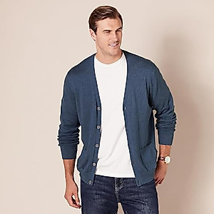 Amazon Essentials Men's Cotton Cardigan Sweater, Blue Heather, Large