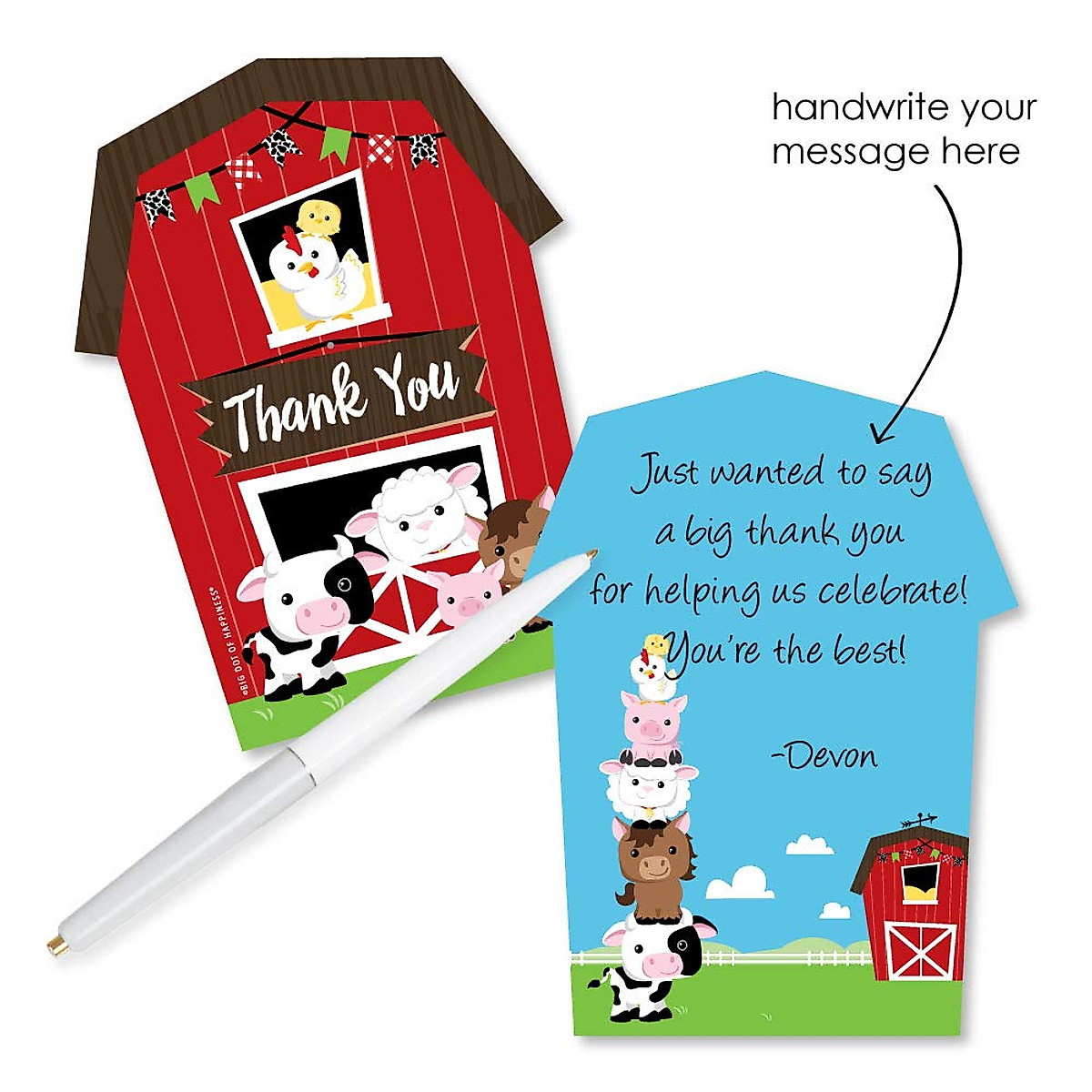 Big Dot of Happiness Farm Animals - Shaped Cards - Barnyard Baby Shower or Birthday Party Thank You Note with Envelopes - Set of 12