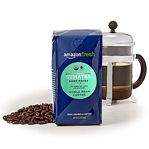 Amazon Fresh Organic Fair Trade Sumatra Whole Bean Coffee, Dark Roast, 12 Ounce