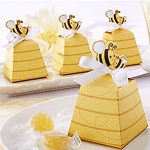 MeiMeiDa 30 Pack Bumble Bee Candy Boxes Treat Boxes Paper Beehive Gift Box with Ribbon for Bee Party Decoration Bee Birthday Baby Shower Favors Supplies