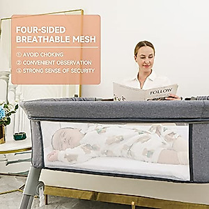 Gyvif Baby Bassinet Bedside Sleeper Crib, Easy Folding Co Sleeper Bed Side Adjustable Height Portable Crib with Wheels for Newborn