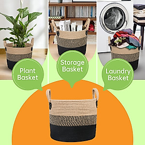 ZOES HOMEWARE 14"x12" Natural Jute Rope Woven Storage Basket with Handles for Plant, Blankets,Toys - Living Room Home Decor,Multifunctional Basket for Organizer,Picnic,Artificial Tree Black and Beige