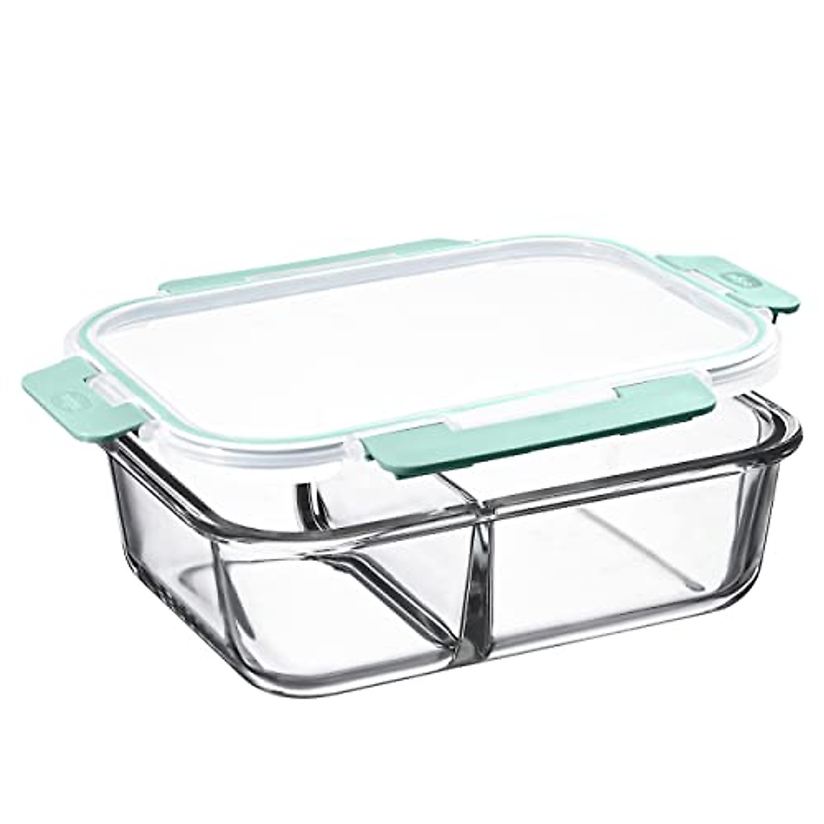 edge 2 Section Airtight Rectangle Glass Food Locktop Container (1500ML) 2 Pack, Mint