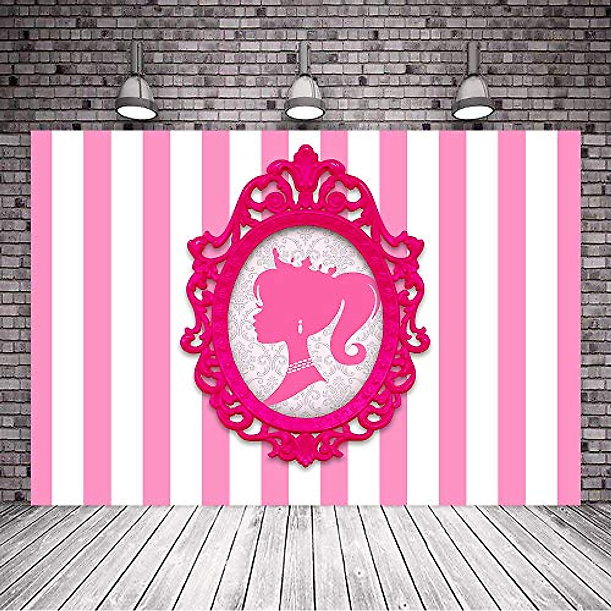 VIDMOT Pink White Stripes Backdrop Doll Head Photo Frame Glamour Girl Photography Background Christmas Party Decor 7x5ft Pink Party Backdrop Photo Booth Banner for Cake Table Supplies LSVV1009