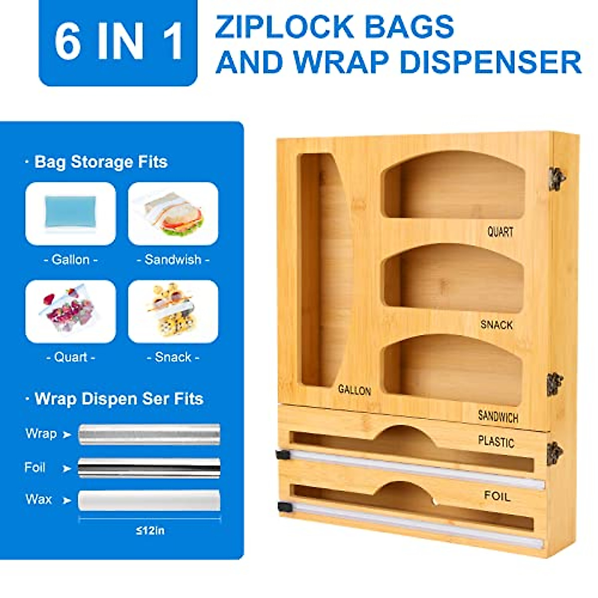 Ziplock Bag Organizer and Wrap Dispenser with Cutter – Practical 6-in-1 Bamboo Kitchen Drawer Organizer Store Gallons, Quarts, Sandwich and Snack Bags, Plastic Wrap, Foil, Wax