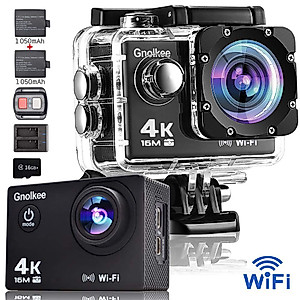 GNOLKEE WiFi Action Camera, 4K 16MP Underwater Camera, 170 Wide-Angle Sports Camera with Remote Control, 2 Batteries, 32GB TF Card, 24 Accessory Installation kit [2024 Upgrade]