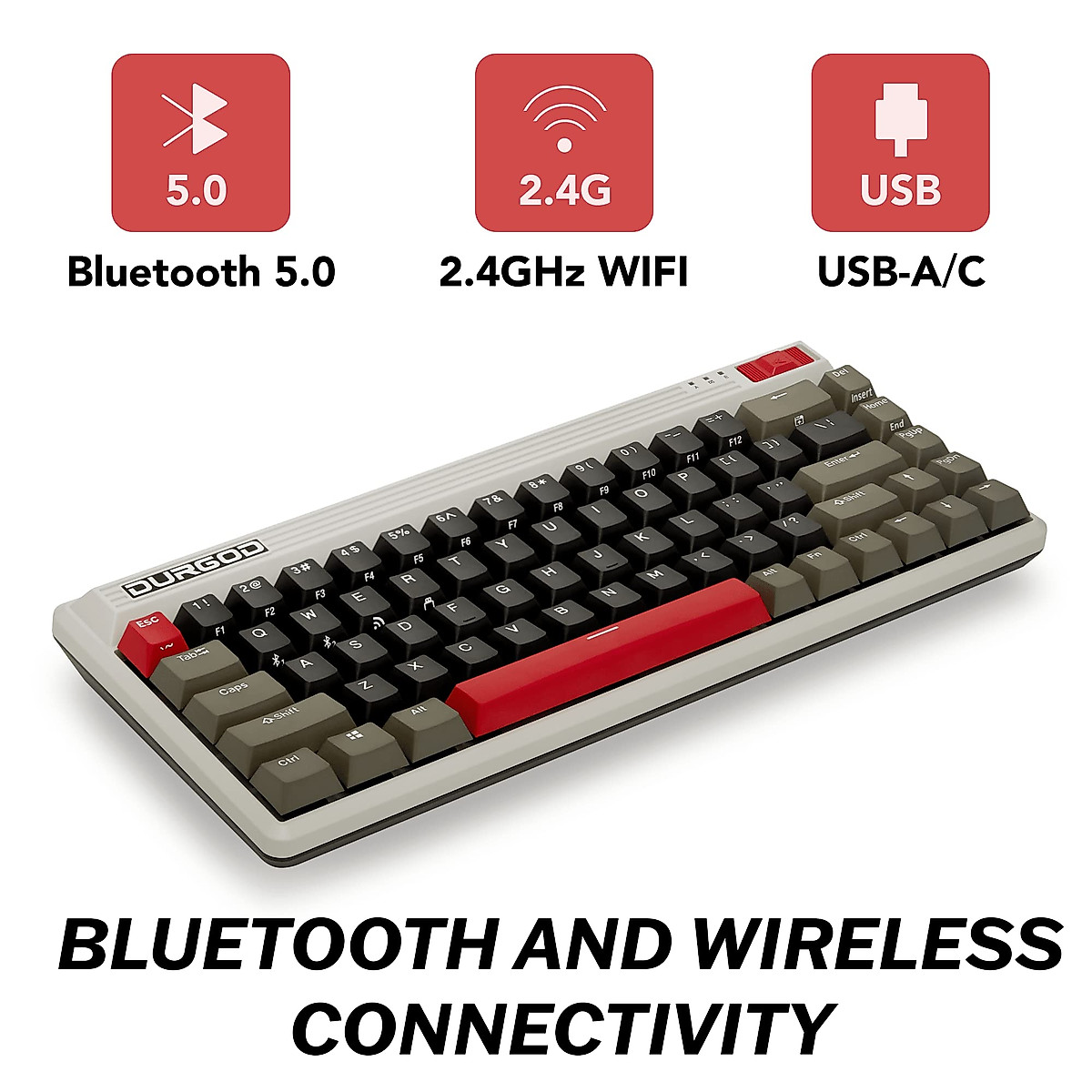 DURGOD Fusion Mechanical Retro Keyboard | 65% Layout | Wireless 2.4 GHz, Bluetooth 5.0, USB C | Doubleshot PBT | Up to 40 Days Battery Life | Windows, Android, iOS (Cherry MX Brown, Steam)