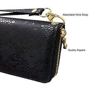 Kollie More Women Wristlet Wallet PU Leather Zipper Purse Long Clutch Travel Hand Pouch Credit Card Holder Organizer (Metallic Leopard-Black 01)