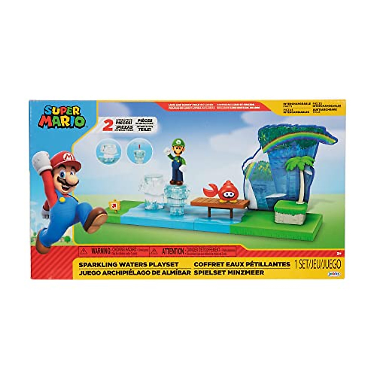 Super Mario Sparkling Waters Action Figures Playset Includes 2.5 Inch Luigi & Red Huckit Crab with Interactive Pieces