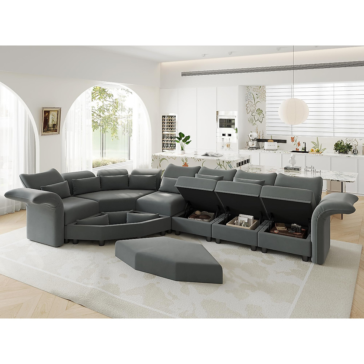 LLappuil Large Faux Leather Fabric Modular Sectional Sofa U Shaped Couch,Oversize U Shaped Leather Sectional Sofa for Living Room,Office,Grey