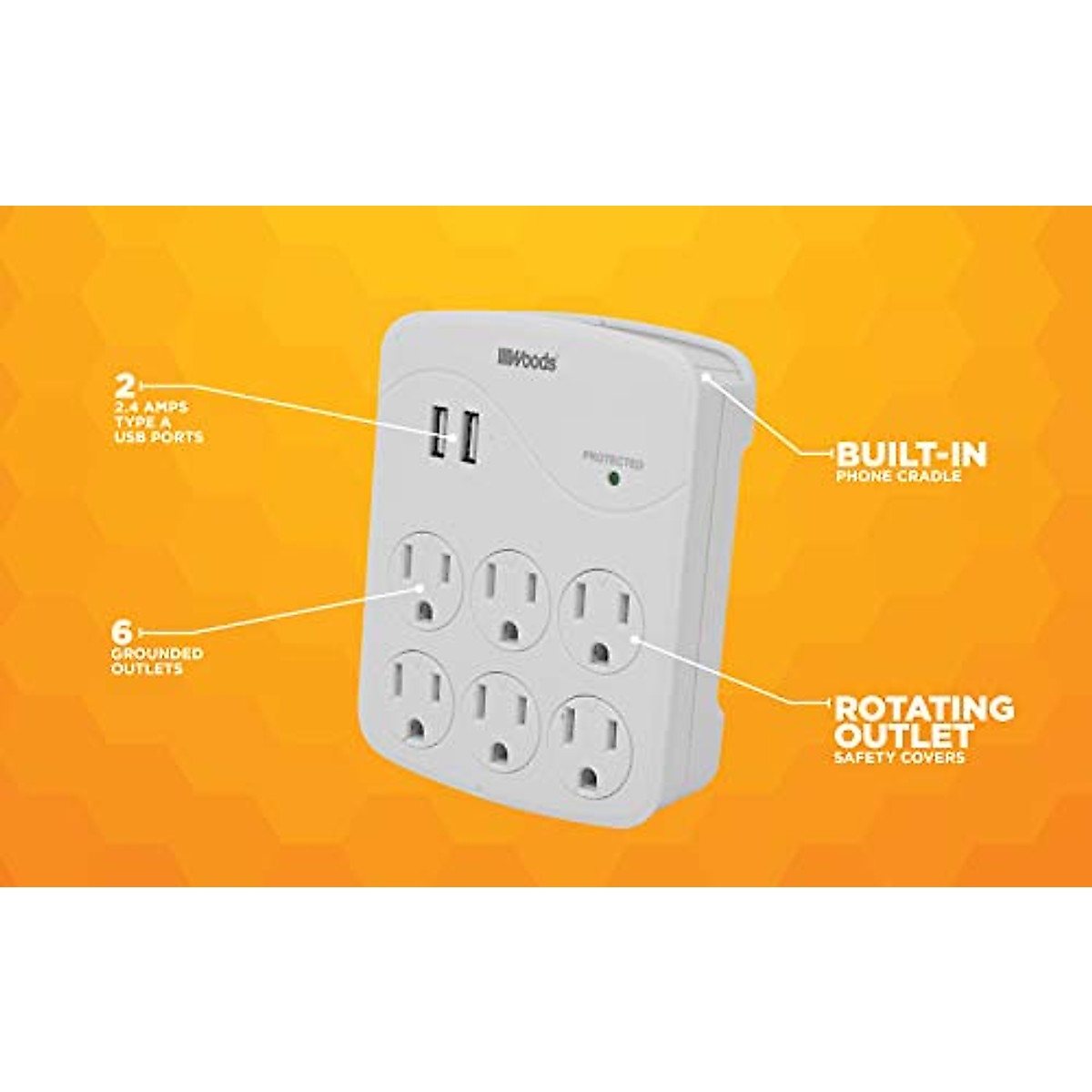 Woods 41079 Surge Protector with 6 Outlets and 2 USB Type A Ports with 1000J of Protection, White