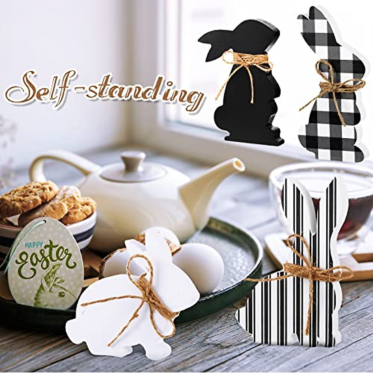 4 Pcs Easter Bunny Table Wooden Signs Bunny Shaped Farmhouse Decor Spring Bunny Wood Tabletop Easter Decorations Easter Bunny Dining Room Table Decor Sign Bunny Decor with Rope (Plain Black White)