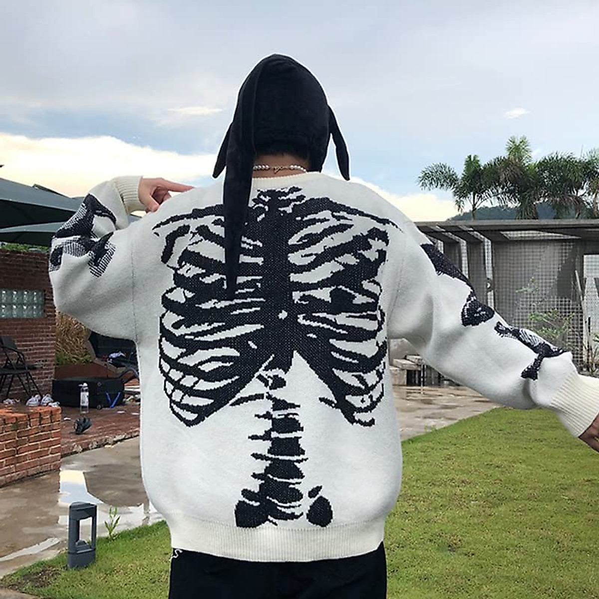 Y2K Grunge Skeleton Sweatshirt Oversized Long Sleeve Fairy Alt Pullover Aesthetic Harajuku Clothes Vintage Tops (White,M)