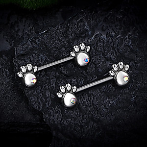 COCHARM 2pcs G23 Solid Titanium Nipple Rings for Women 14g Dog Paw Print Nipple Barbells 14mm Hypoallergenic Nipple Piercing Cute Nipple Jewelry