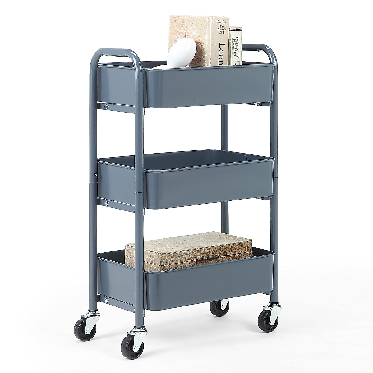 SunnyPoint 3-Tier Delicate Compact Rolling Metal Storage Organizer - Mobile Utility Cart Kitchen/Under Desk Cart with Caster Wheels (Blue, Compact (15.5" X 26.8" X 10.27"))