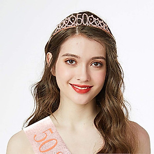 ADBetty 50th Birthday Sash & Rhinestone Tiara Set - Rose Gold Glitter 50th Birthday Gifts Birthday Party Supplies