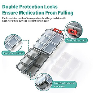 1 Pack Travel Pill Organizer w Labels & 1 Drawstring Pouch, Small 10 Compartments Pocket Pharmacy, Handy Pill Holder Box - Portable Medicine Container Case - Daily Weekly Medication Organizer - Grey