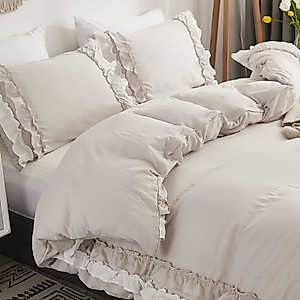 Beige Farmhouse Bedding Set Pleated Ruffle Duvet Cover Set Beige Gray Lace Ruched Ruffled French Country Style Rustic Textured Duvet Cover King with 2 Pillowcases
