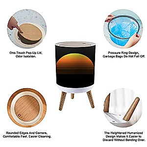Small Trash Can with Lid 80s sunset retro neon 90s poster electro sun space vintage grid sunset Waste Bin with Wood Legs Press Cover Wastebasket Round Garbage Bin for Kitchen Bathroom Bedroom Office