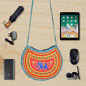 North Creed Crossbody Elephant Flora Embroidery Shoulder Bag, Indian Ethnic Travel Handbag with Zipper Pocket- Blue