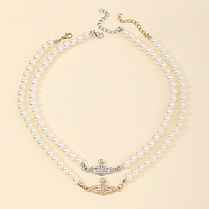 BSLVWG White Pearl Necklaces,Crystal Rhinestone Saturn Planet Necklace,Ladies Pendant Necklace Minimalist Jewelry Friend Girlfriend Birthday Anniversary for Mum Her Wife Girlfriend (Silver, 35cm)