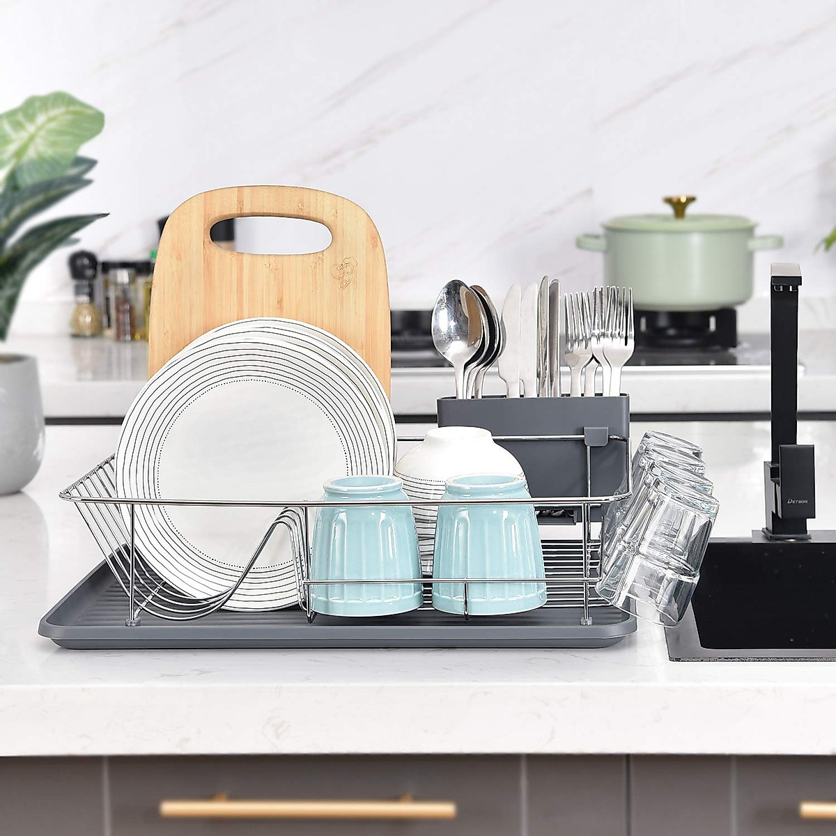 TOOLF Dish Rack, Large Capacity, Dish Drying Rack with Cutlery Holder, Removable Drip Tray, Cup Holder, Compact Kitchen Drainers for Countertop, Grey