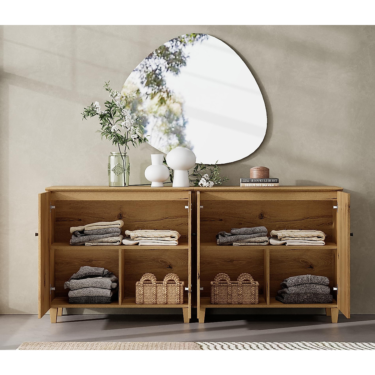 WAMPAT Wide Dresser Chest with Doors for Bedroom, 2-in-1 Rustic Oak Brown Wood Closet Storage Organizer with 6 Compartments for Kids Room, Nursery, 70.8x15.3x32.4