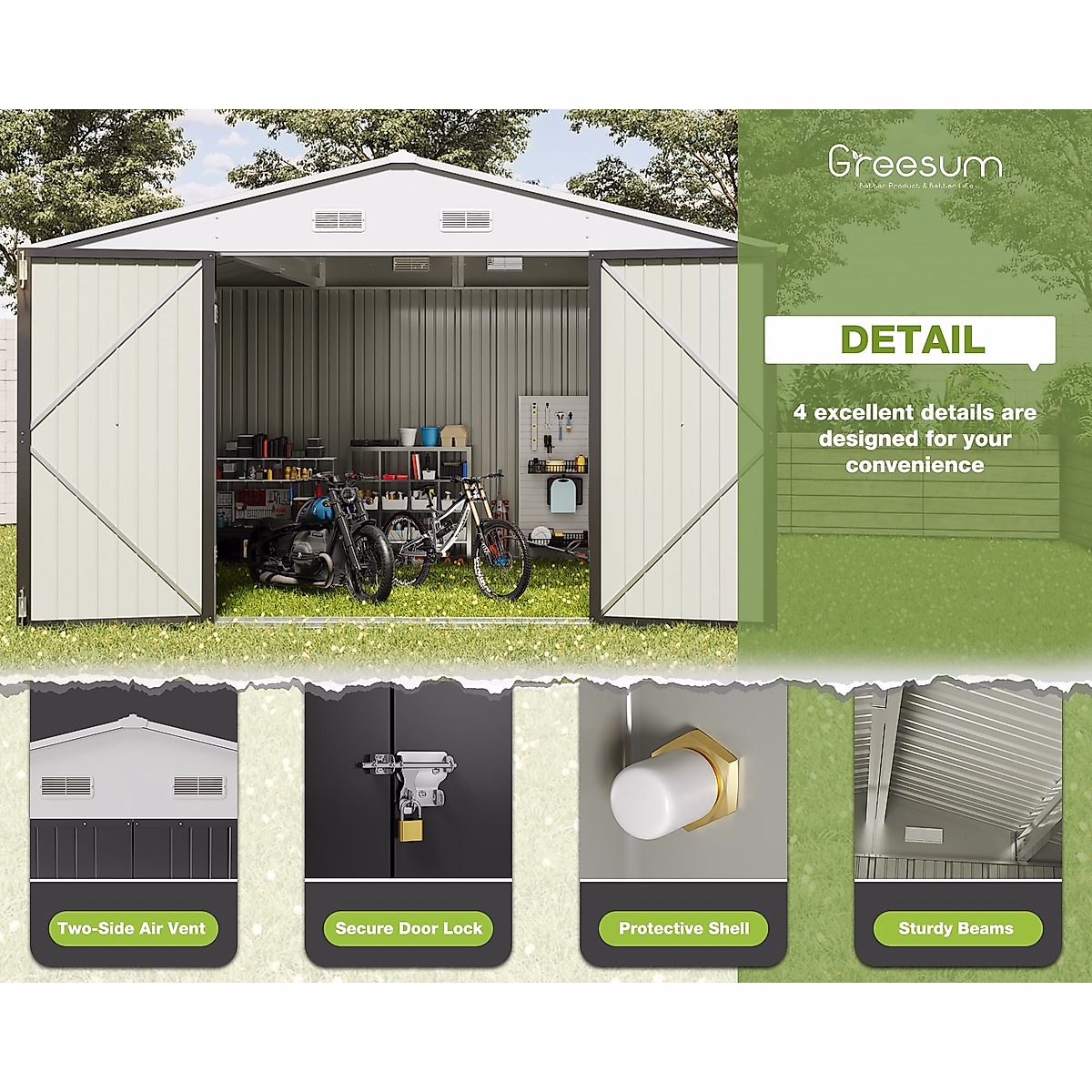 Greesum Outdoor Storage Shed 10 x 10 ft. Utility Tool Shed Metal Storage Garden Shed with Door & Lock for Patio Storage, Gray