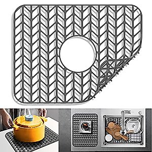 Silicone sink mat protectors for Kitchen 16.4''x 12.5''.JIUBAR Kitchen Sink Protector Grid for Farmhouse Stainless Steel accessory with Center Drain.(Grey)