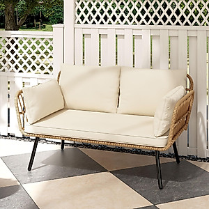 DWVO Wicker Patio Loveseat, All-Weather Rattan 2-Seat Sofa with Cushions & Lumbar Pillows, Outdoor Patio Furniture Set for Patio, Balcony, Backyard, Deck, Poolside (Beige)