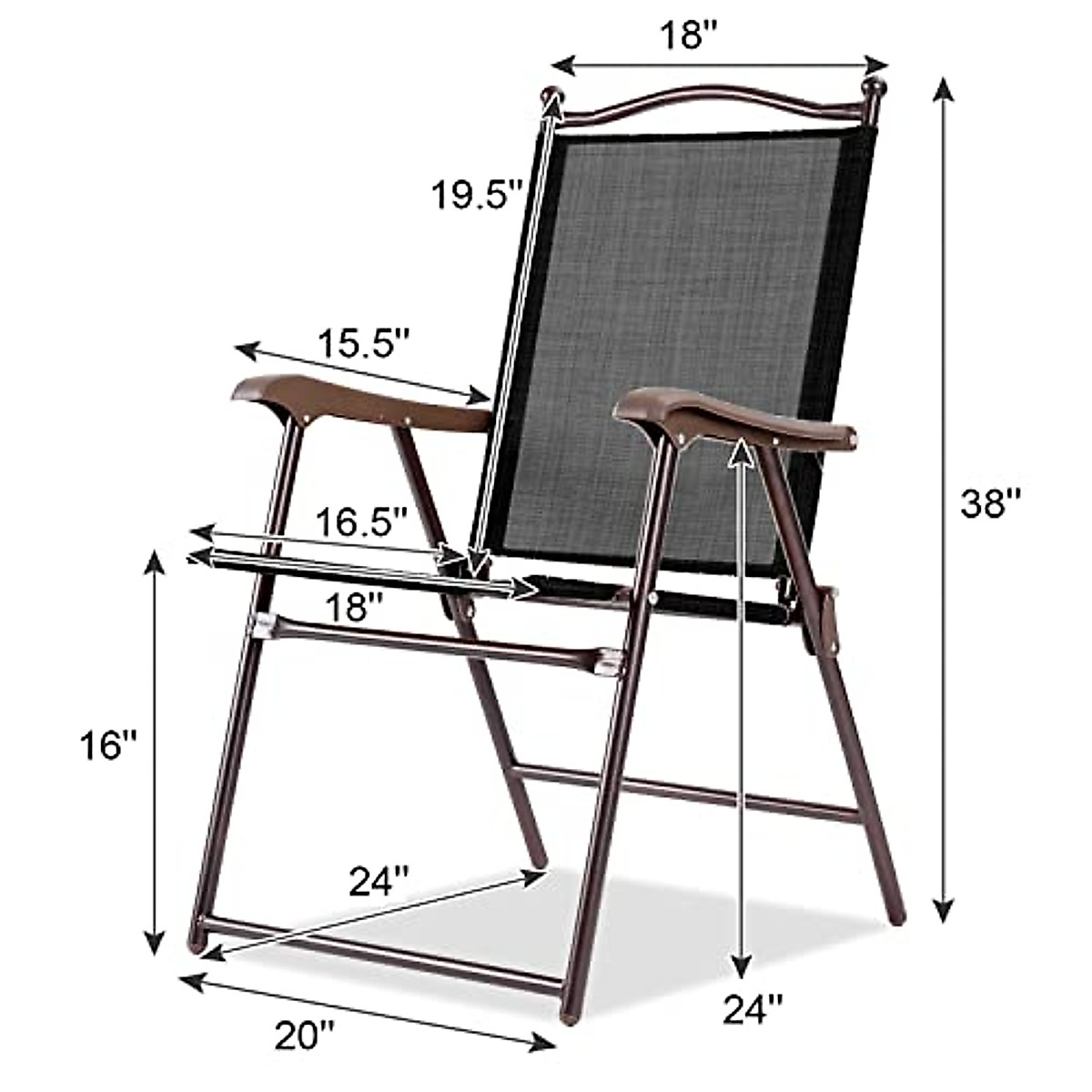 BestComfort Patio Folding Chairs Set of 2, Portable Sling Chairs with Armrest Metal Frame, Indoor Outdoor Lawn Chairs, Folding Chairs for Yard Garden Poolside Beach Camping, No Assembly, Black