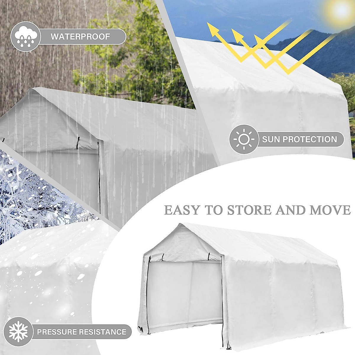 10'x 17'Heavy Duty Portable Carport Car Garages Shelters, 8 Steel Legs, White, Waterproof