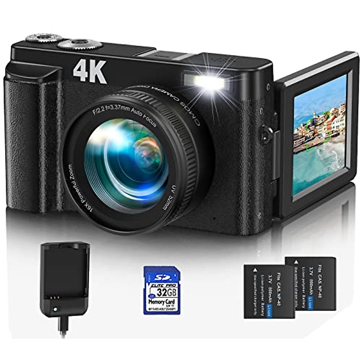 Digital Camera 4K 60FPS Auto Focus 48MP Vlogging Video Camera 16X Digital Zoom Camera with 180°Flip Screen Compact Camera for YouTube 32GB Memory Card
