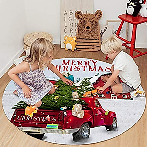 Round Area Rugs 4ft, Red Retro Truck and Christmas Tree Indoor Throw Runner Circle Rug Entryway Doormat Floor Carpet Pad Yoga Mat for Bedroom Living Room Farm Wood Barn