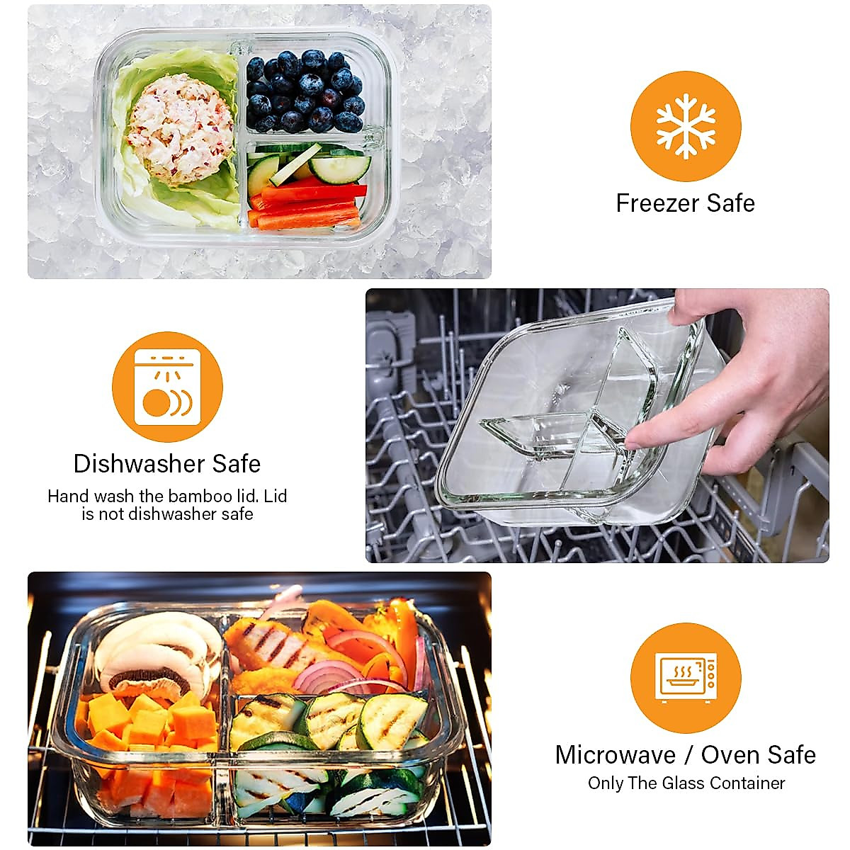 3-Compartment Glass Food Storage Containers with Lids for Lunch Storage, Glass Bento Box Set with Airtight Bamboo Lids - Great Mel Prep Containers for Lunch & Portion Control, 3 Pack, 31.5oz