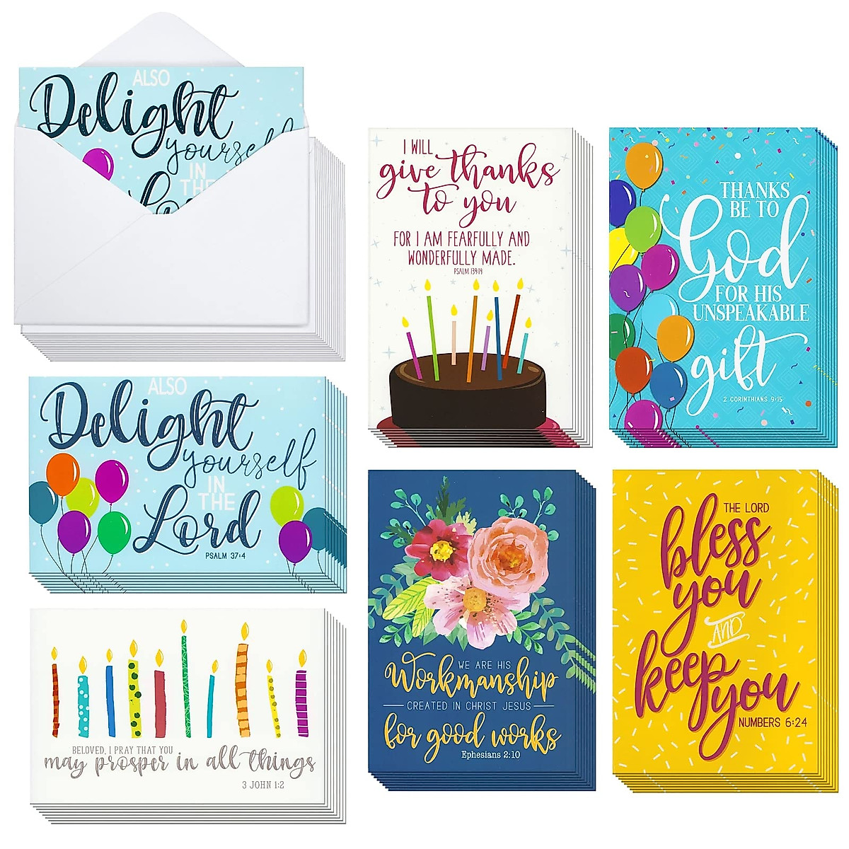 Faithful Finds 48 Pack Religious Christian Birthday Cards Bulk Set with Envelopes, Bible Verse Design (4 x 6 In)