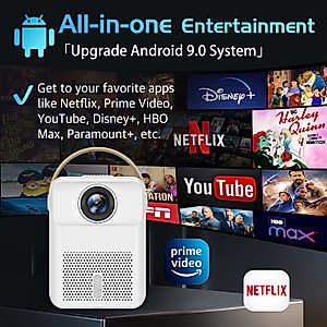 4K Projector with Android System 9.0, 12000 Lumen Projector with WiFi and Bluetooth for Outdoor Movies, Max 300” ±45°4D Display, Compatible with Smartphone, TV Stick, Laptop, PS4/XBOX, HDMI, USB, ZOOM