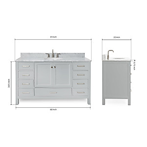 ARIEL 61" Grey Bathroom Vanity with Italian Carrara Marble Countertop & Backsplash, Center Oval Sink, 2 Soft Closing Doors, 9 Full Extension Dovetail Drawers, Brushed Nickel