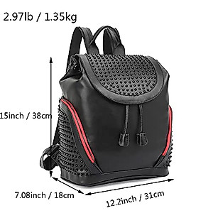 Chikencall Rivet Punk Backpack Flap Drawstring Rucksack Gothic Studded Shoulder Purse Black Daypack
