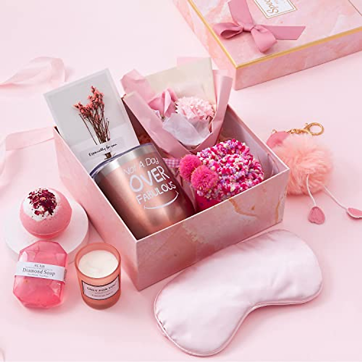 Birthday Gifts for Women,Unique Gifts Basket Ideas Happy Birthday Gifts for Her Relaxing Spa Gift Set Thinking of You Get Well Soon Gifts Box Thank You Gifts for Mom Wife Sister Friend Coworker,Pink